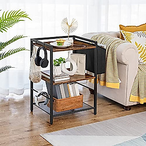 HOOBRO 3 Tier Printer Stand Mobile Printer Table on Wheels, Wooden Printer Shelf with Storage Bag, Under Desk Rolling Printer Cart Organizer with Hooks for Home Office, Kitchen Rustic Brown BF21PS01