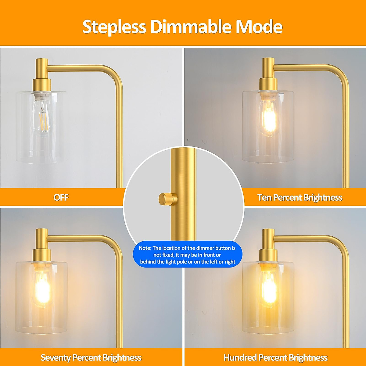CNXIN Stepless Dimmable Floor Lamps with Glass Lampshade Modern Standing Lamps with 6W LED Bulb Bright Corner Lamp Tall Pole Lamps for Living Room Bedroom Office Study Room Farmhouse, Gold