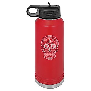 MIP Brand 32 oz. Double Wall Vacuum Insulated Stainless Steel Water Bottle Tumbler Travel Mug Sugar Candy Skull (Red)