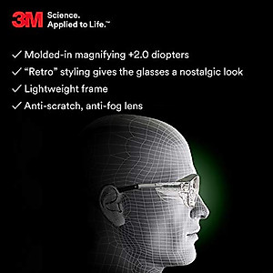 3M Safety Glasses with Readers, Nuvo Readers, +2.0 Diopter, ANSI Z87, Clear Lens, Gray Frame, Soft Nose Bridge, Side Shields