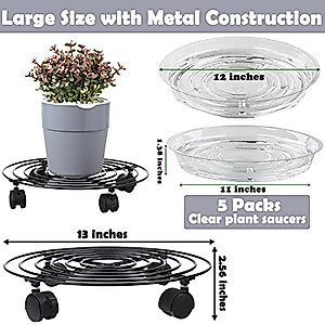 5 Packs Large Metal Plant Caddy with Wheels 13" Heavy-Duty Wrought Iron Rolling Plant Stands with Casters Plant Dolly Plant Roller Base for Indoor and Outdoor Plant Pot Movers Saucers Black