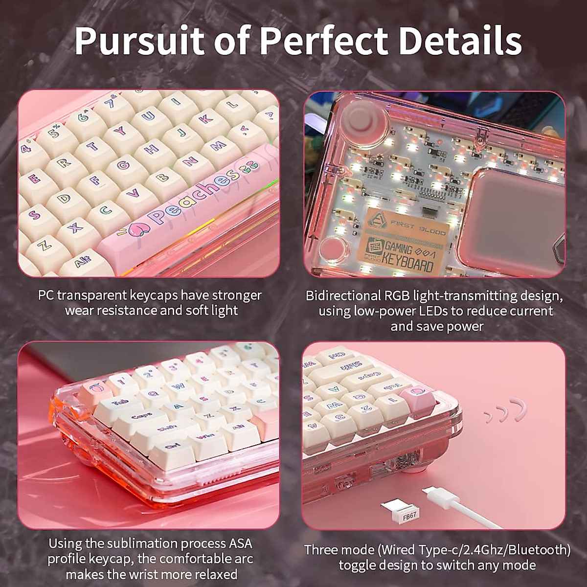 NACODEX 65% Transparent Crystal Acrylic Keyboard with Gasket Mount | MDA Profile Peach Theme PBT Keycaps | Smooth 38g MX Ice Sea Spirit Switch | 3750mAH RGB Hotswap Custom Keyboard
