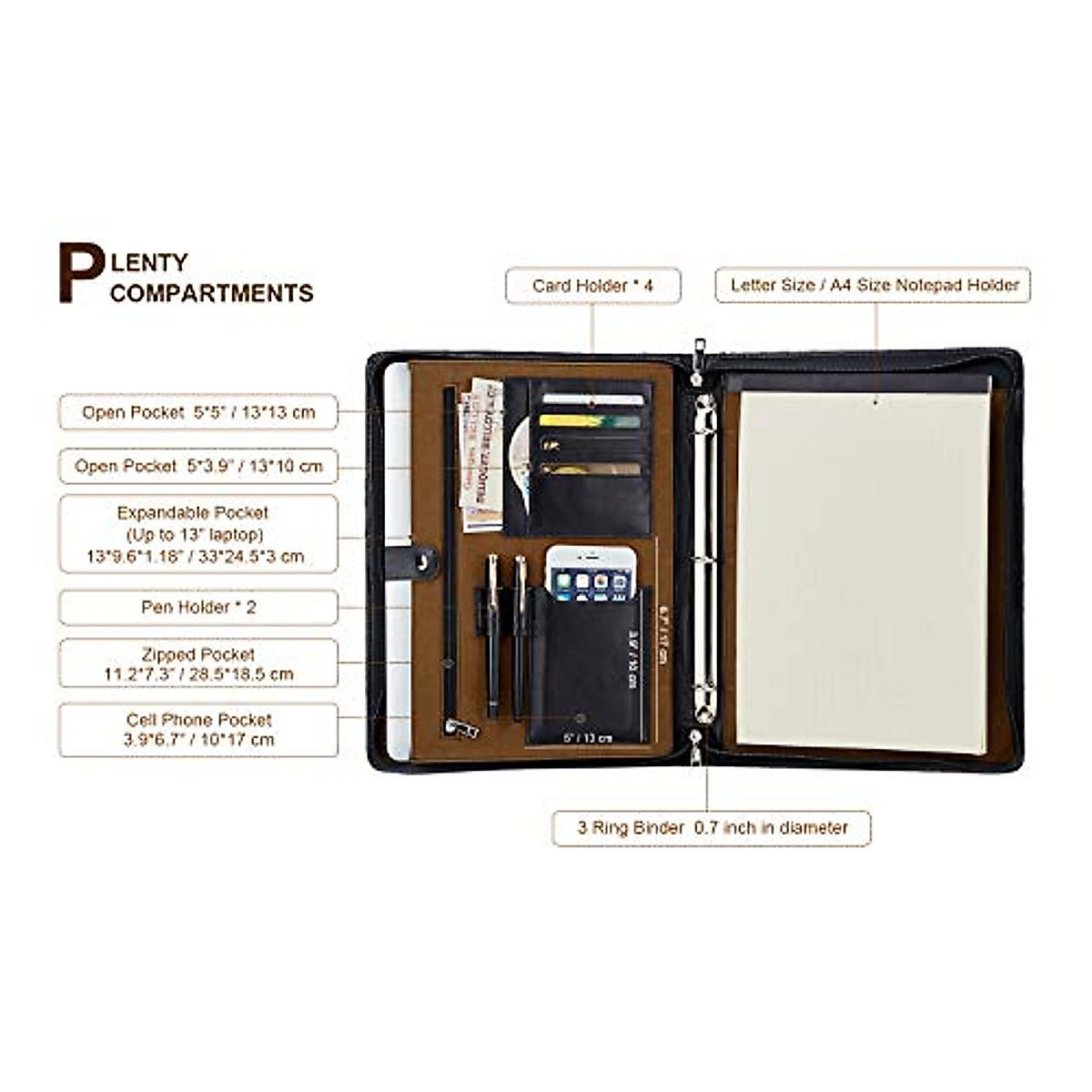 AZXCG Handmade Genuine Leather 3 Ring Binder Portfolio Folder with Zipper for 13.3” Tablet/Laptop,Professional Leather Binder with Letter Size Notepad (Non-Custom, Black-Oil)