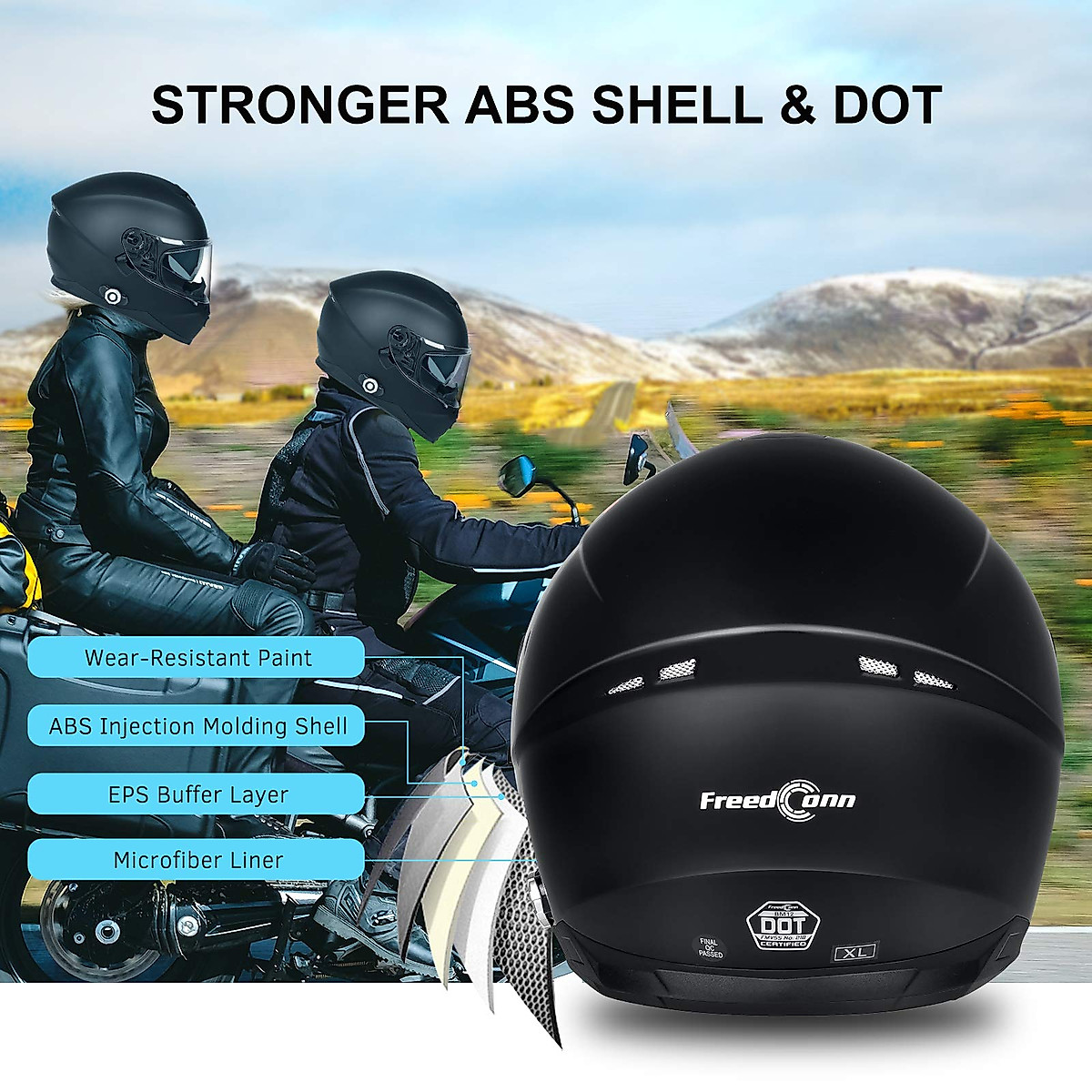 Bluetooth Integrated Motorcycle Helmet, FreedConn DOT Full Face BM12 Communication Systems Motorcycle Helmet with 500m FM Radio/ MP3, 2-3 Riders Pairing Intercom (Matte Black, XXL)