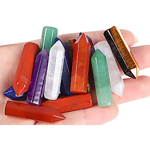 QINJIEJIE 7 PCS 7 Chakra Healing Crystals Mini Wands Crystal Pocket Stones Amethyst Polished Tumbled Natural Hexagonal Single Pointed Reiki Energy Balancing Meditation Gemstones Therapy Wand Set Gift