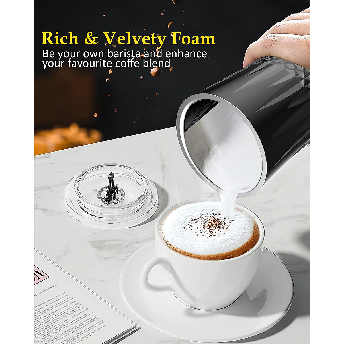 Milk Frother, Ausyle 4-in-1 Electric Milk Frother and Steamer, Non-Slip Stylish Design, Hot & Cold Milk Steamer with Temperature Control, Auto Shut-Off Frother for Coffee, Latte, Cappuccino, Macchiato