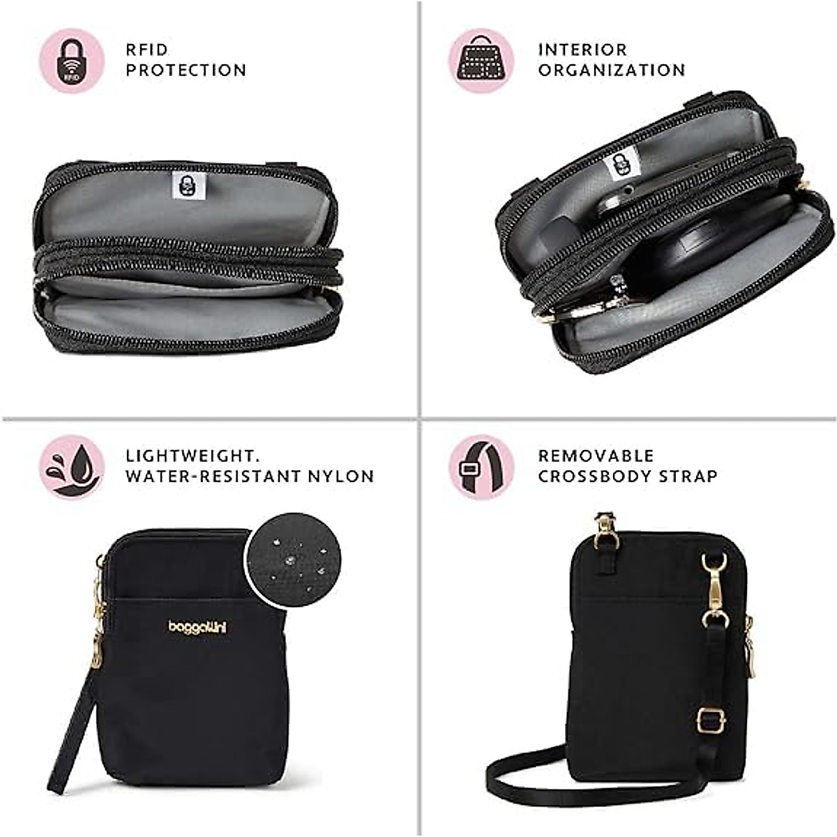 Baggallini Womens - Small Travel Bag With Blocking Sleeves Water-resistant Lightweight Mini Purse Take Two RFID Bryant Crossbody, Portobello Shimmer