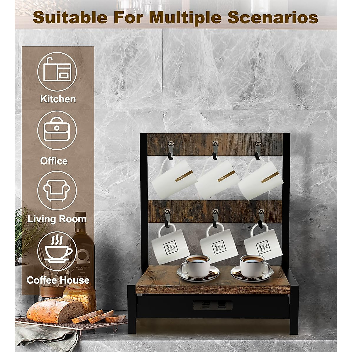 waaliji Coffee Mug Holder for Countertop, Coffee Pod Drawer Tray Station with 6 Hooks and 35 Capsules Capacity, Rustic Wood Cup Hanger Organizer for Kitchen Coffee Bar, Black