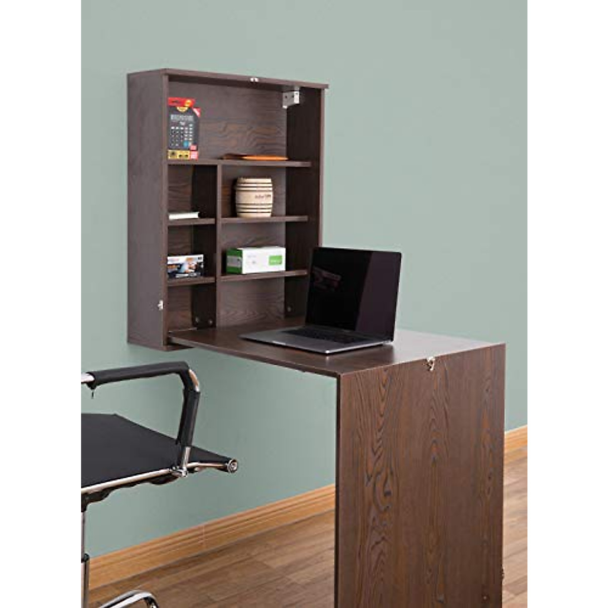 Basicwise Wall Mount Laptop Fold-Out Desk with Shelves, Brown,