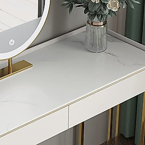 Anwickhomk Dresser Table, Vanity Corner Makeup Table Set Women Makeup,Mirror with LED Lights Desk and Chair,Modern Dressing Table Sintered Stone, with Stool, 5 Pine Wood Drawers,47.24'' White