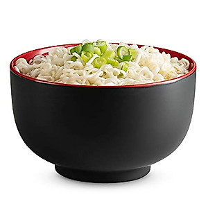 KooK Ceramic Japanese Noodle Bowl Set, Large Capacity, For Ramen, Udon, Soba, Pho and Soup, Microwave and Dishwasher Safe, 34 oz, Set of 4 (Black/Red)