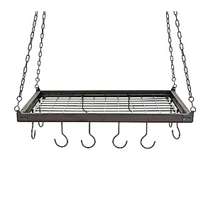 SODUKU Pot Pan Rack with Shelf Grid, Ceiling Mounted Hanging Multi-Purpose Wood & Metal Cookware Hanger Organizer Kitchen Storage with 10 Hooks Espresso