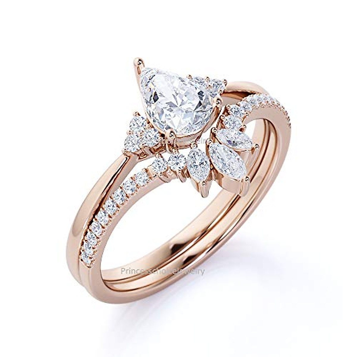 PB Collection Solid 14K Rose Gold Over 925 Sterling Silver Cluster Simulated Diamond Unique Wedding Ring Set 8