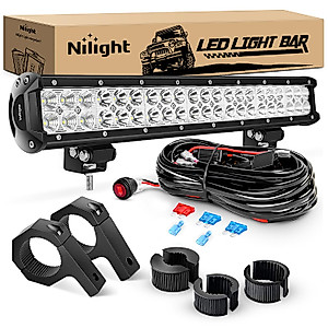 Nilight 20 Inch 126W Spot Flood Combo LED Light Bars Off-Road Light Mounting Bracket Horizontal Bar Tube Clamp with Off Road Wiring Harness, 2 Years Warranty, White