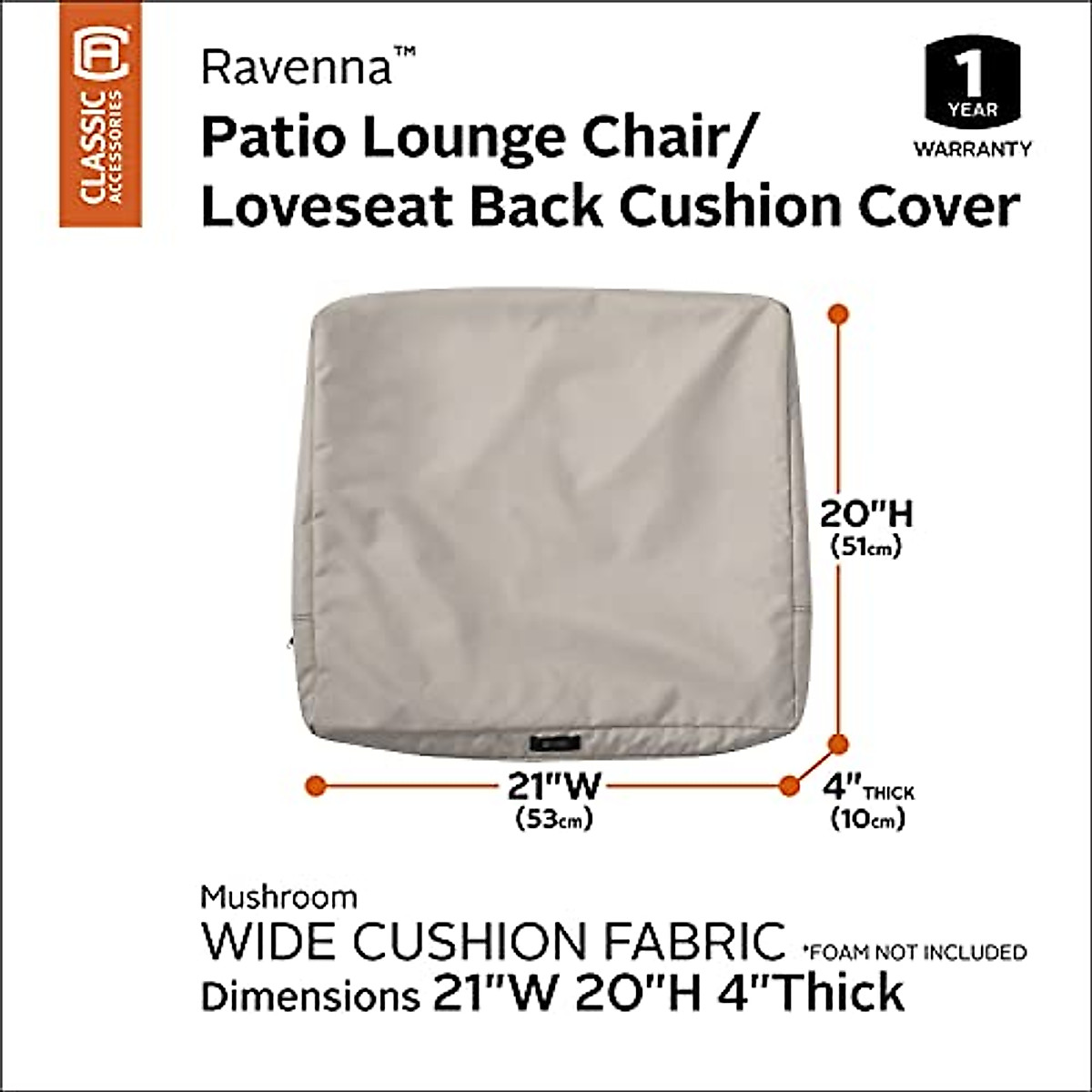 Classic Accessories Ravenna Water-Resistant 21 x 20 x 4 Inch Outdoor Back Cushion Slip Cover, Patio Furniture Cushion Cover, Mushroom