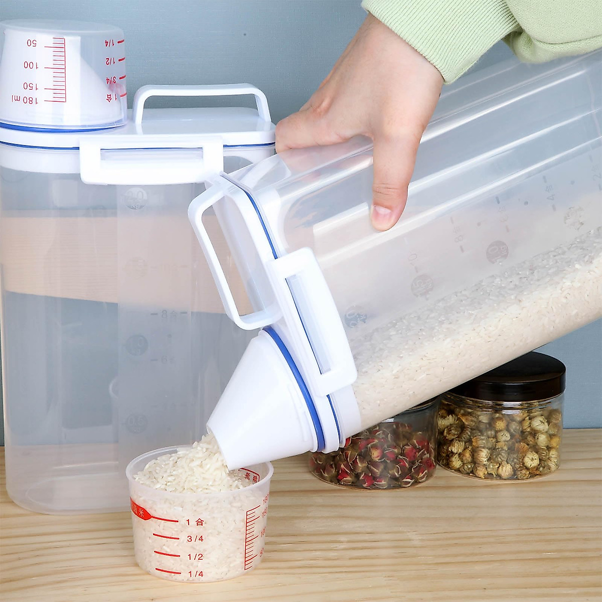 LDHHYH 4 Pack 5.5 LB Rice Storage Containers, Clear Rice Storage Bin with Measuring Cup & Pour Spout, Cereal Containers Dispenser, Kitchen Plastic Rice Holder Saver for Flour Grain Bean