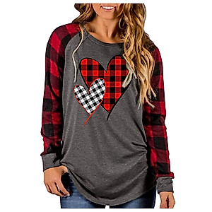 MHTOR Valentine's Day Shirt Women Buffalo Plaid Love Heart Graphic Tees Letter Print Long Sleeve Tops Shirts (Grey, X-Large)
