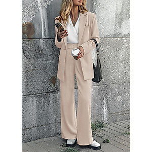 PRETTYGARDEN Women's Fall Two Piece Outfits Dressy Blazer Jacket and Wide Leg Pants Pockets Business Casual Office Suit Sets (Beige,Medium)