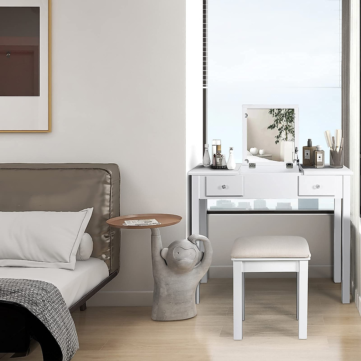 AODAILIHB Vanity Table with Flip Top Mirror Makeup Dressing Table Writing Desk with Cushioning Makeup Stool Set, 2 Drawers 3 Removable Organizers Easy Assembly (White)