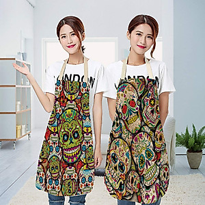 Tovip Sugar Skull 2Pcs Flower Apron Women Men Colorful Skull Cotton Linen Aprons for Kitchen Home Cooking Baking Cleaning Accessories 26.8 x 21.7 inch