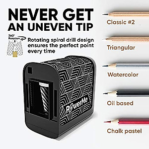 POWERME Electric Pencil Sharpener - Pencil Sharpener Battery Powered for Kids, School, Home, Office, Classroom, Artists – Battery Operated Pencil Sharpener For Colored Pencils, Ideal For No. 2 (Black)