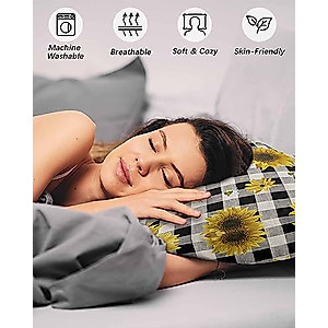 Summer Sunflower Pillow Covers Standard Size Set of 2 20x26 Bed Pillow, Black White Plaid Spring Floral Bee Rustic Wood Plush Soft Comfort for Hair/ Skin Cooling Pillowcases with Envelop Closure