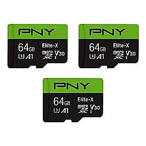 PNY 64GB Elite-X Class 10 U3 V30 microSDXC Flash Memory Card, 3 Count (Pack of 1) - 100MB/s, Class 10, U3, V30, A1, 4K UHD, Full HD, UHS-I, micro SD