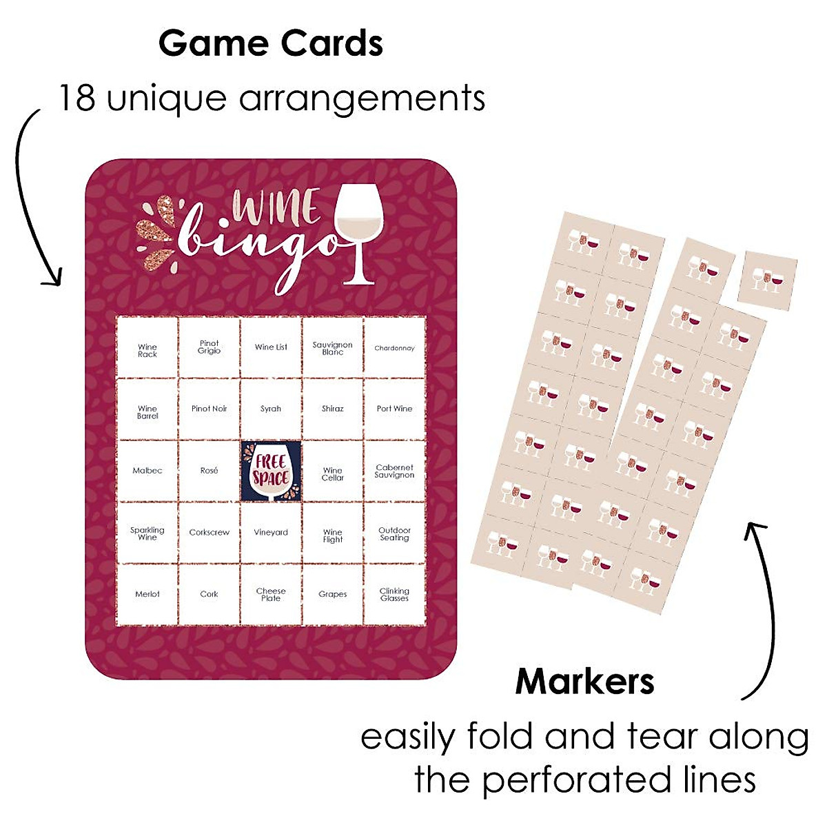 Big Dot of Happiness But First, Wine - Bingo Cards and Markers - Wine Tasting Party Bingo Game - Set of 18