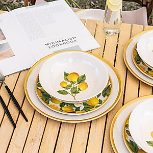 Melamine Dinnerware Sets- 12pcs Melamine Plates and Bowls Set for 4,Indoor and Outdoor Dinnerware, Lemon dinnerware set