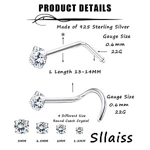 Sllaiss 925 Sterling Silver L Shaped Nose Rings Set for Women Men Crook Nose Rings Screw Studs 1.5mm 2mm 2.5mm 3mm 8Pcs 22G Nose Body Piercing Hypoallergenic