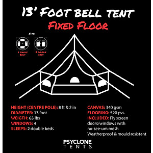 Psyclone Tents Fixed Floor 4m/13.12ft Luxury Bell Tent Outdoor All Weather 6-8 Person Cotton Canvas Yurt Medium Tent for Family Camping Glamping Hiking and Festivals