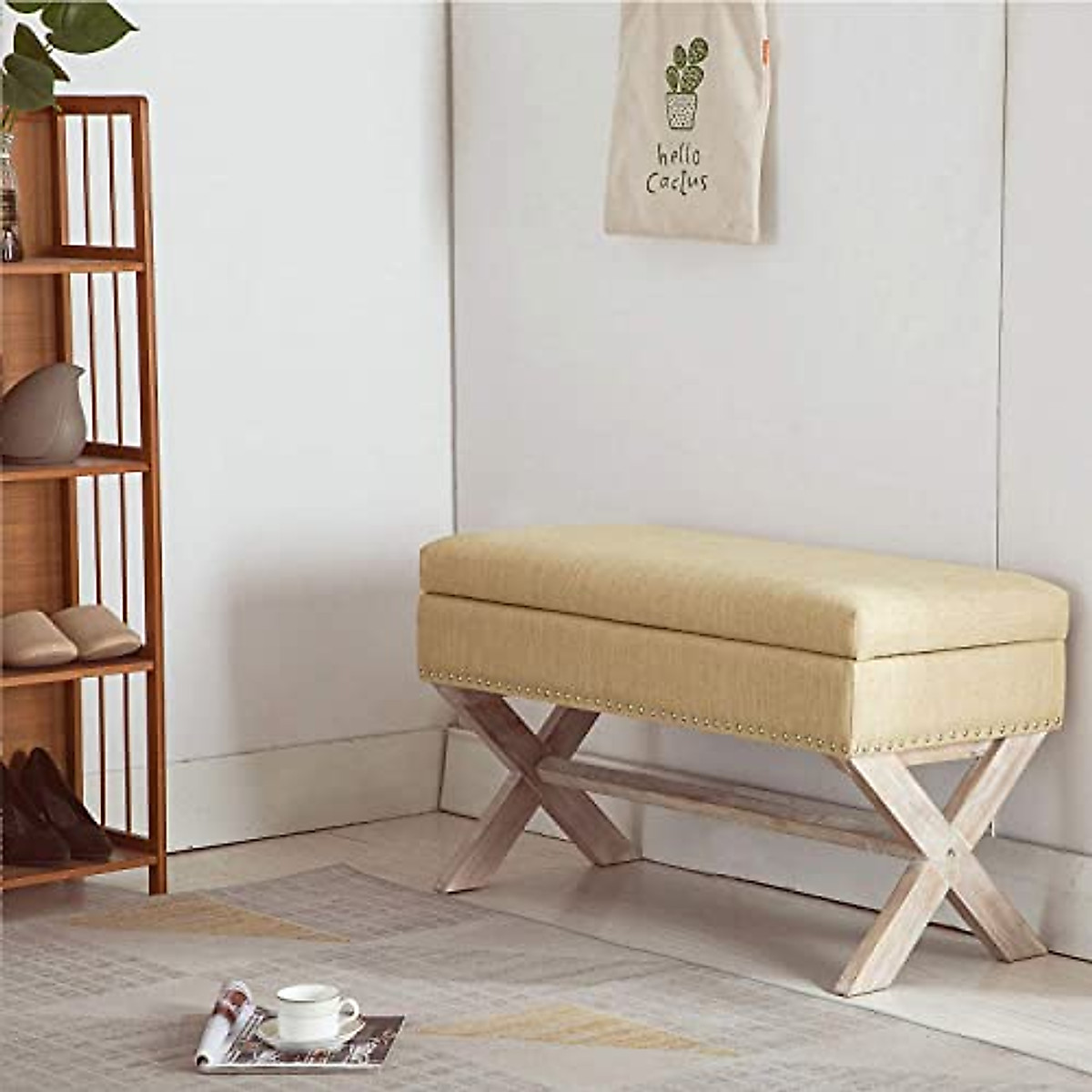 chairus Fabric Upholstered Storage Entryway Bench, 36 inch Bedroom Bench Seat with X-Shaped Wood Legs for Living Room, Foyer or Hallway - Beige