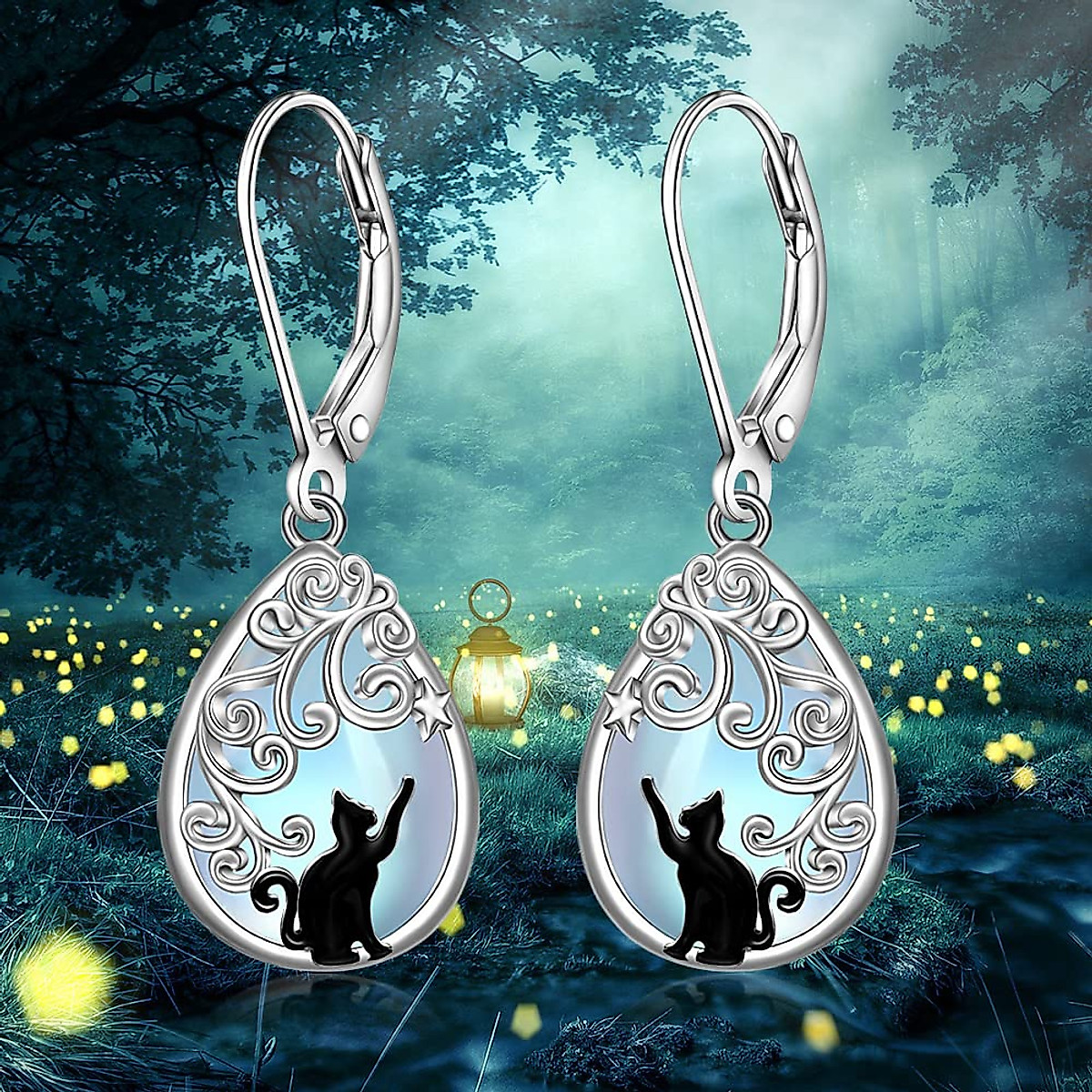 Cat Earrings Moonstone Filigree Earrings for Women Sterling Silver Teardrop Moonstone Black Cat Earring Dangle Cats Jewelry Cute Valentines Christmas Gifts