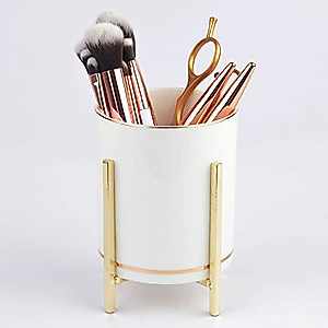 Pen Pencil Holder for Desk, Ceramic Desk Decor Organizer for Womens Girls, Durable Ceramic Pencil Cup Holder, 3.35" x 3.82" Makeup Cups for Brushes, Cup Painted with Gold Trims, Gold Bracket, 1 Pcs
