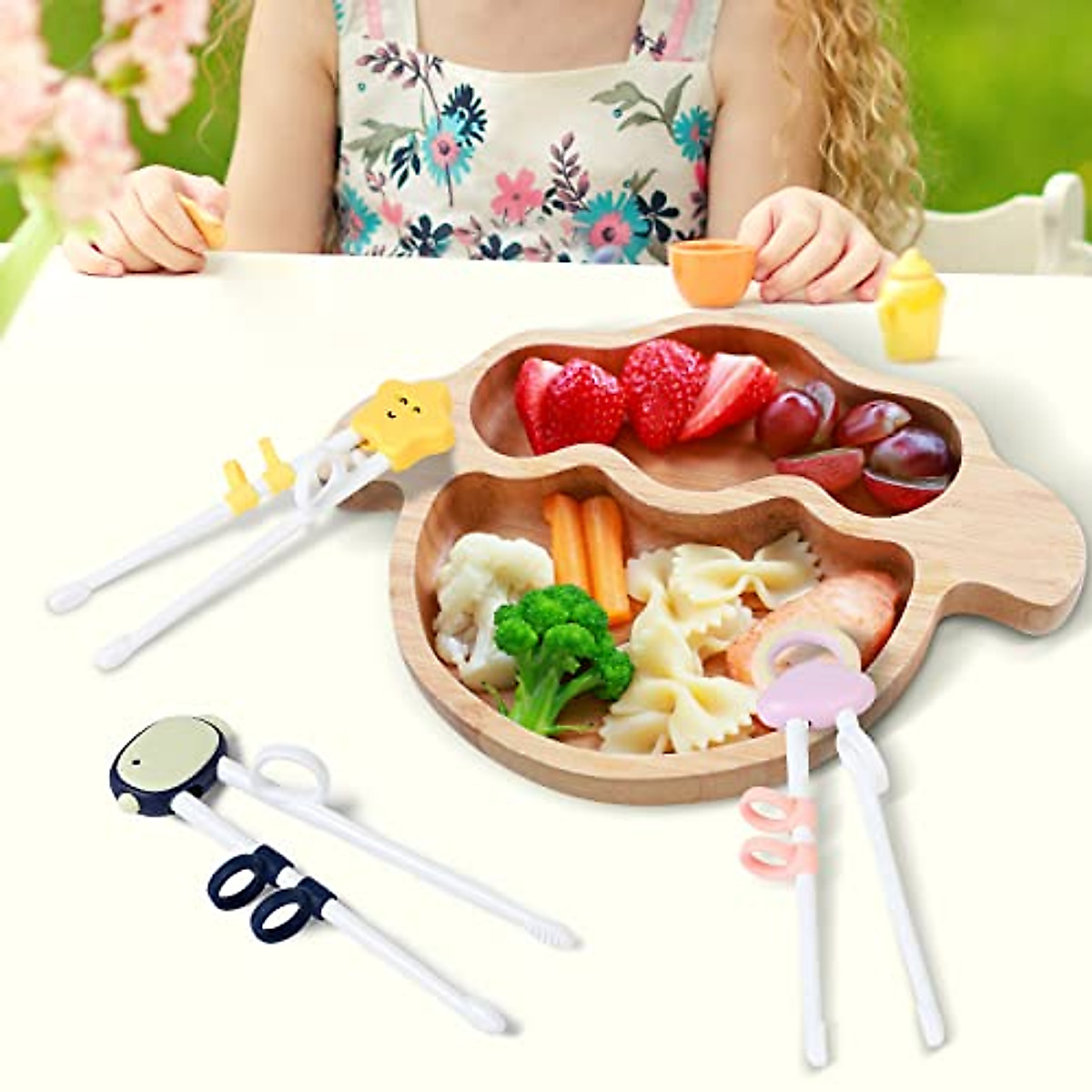 Plum Garden Training chopsticks for kids and beginners, 3pcs learning chopstick helper with finger ring attachable (blink Stars, rainbow clouds, flyer bird）