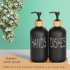 Glass Soap Dispenser Set. Hand Soap and Dish Soap Dispenser with Bamboo Tray. Vintage Soap Dispenser with Pump for Kitchen Sink and Bathroom. Stylish Permanent Label (Matte Black)