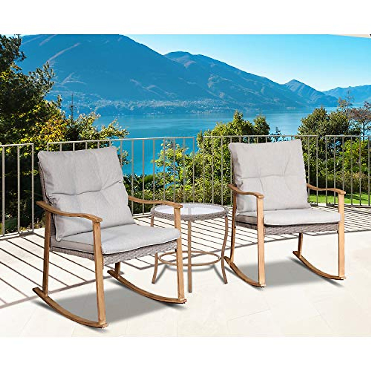 AQUILLA 3 Pieces Rocking Chairs Table, 350lb Capacity Outdoor Patio Furniture Set Woodgrain w Grey Cushions and Round Glass Top Desk for Garden, Porch, Backyard
