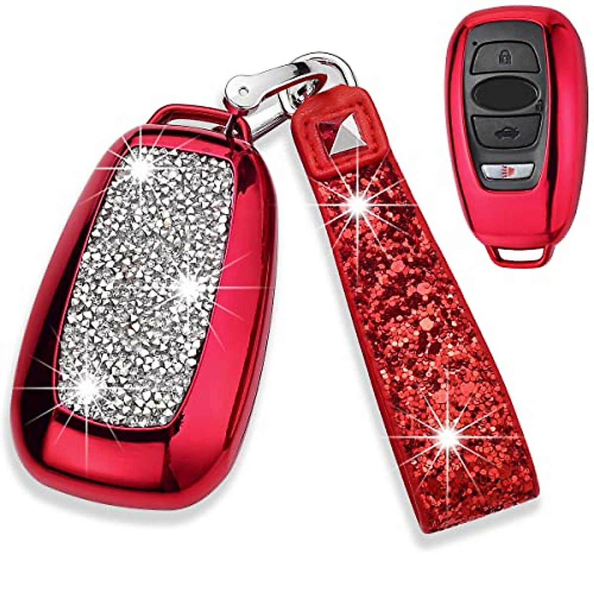 Royalfox(TM) 3 4 Buttons 3D Bling Diamond Fashion Smart Remote Key Fob case Cover for Subaru Outback Forester Crosstrek Ascent BRZ WRX Legacy Impreza STI with Bling Keychain (red)