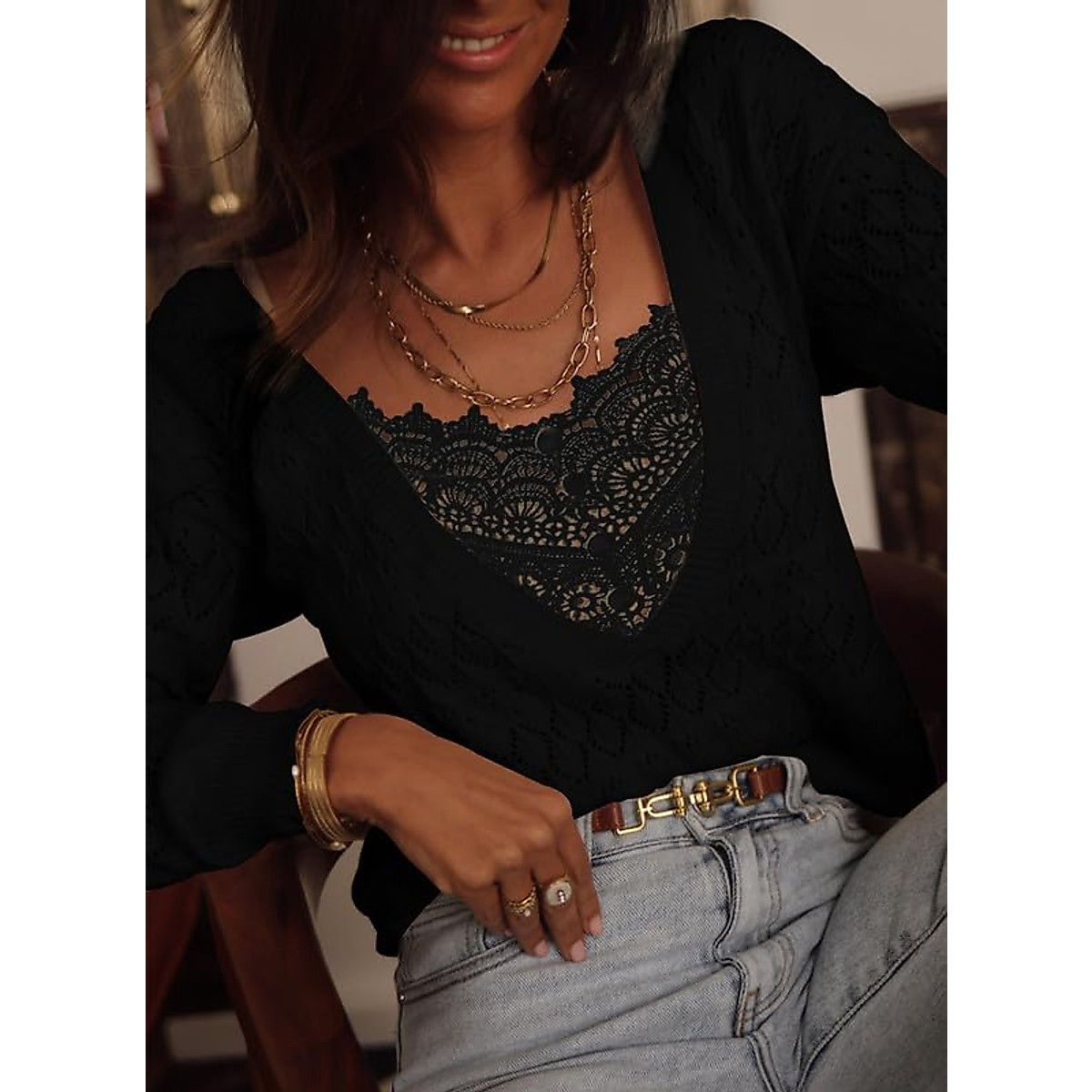 Dokotoo Black Sweaters for Women Juniors 2023 Fashion Casual V Neck Long Sleeve Hollow Out Crochet Lace Pullover Sweater Solid Color Cable Knitted Tunic Jumper Tops Medium