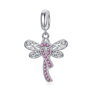 AOBOCO Breast Cancer Awareness Charm 925 Sterling Silver Dragonfly Pink Ribbon Charm Bead for Bracelet Breast Cancer Survivor Gifts for Women
