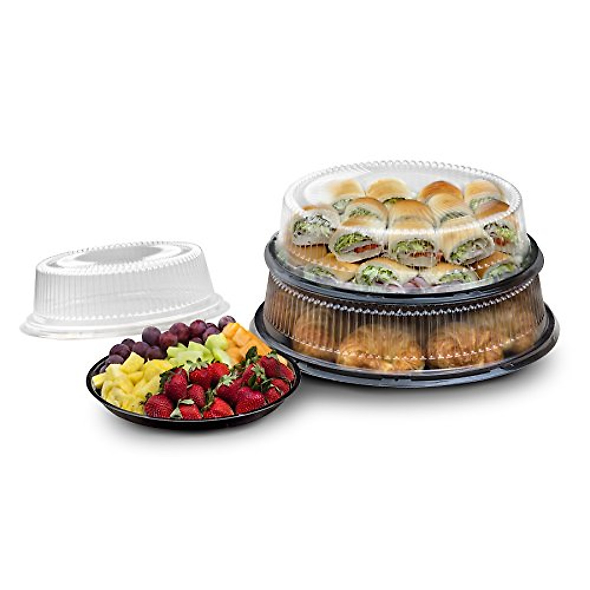 Party Essentials N121721 Hard Plastic Tray With Clear Dome Lids, 12", Black