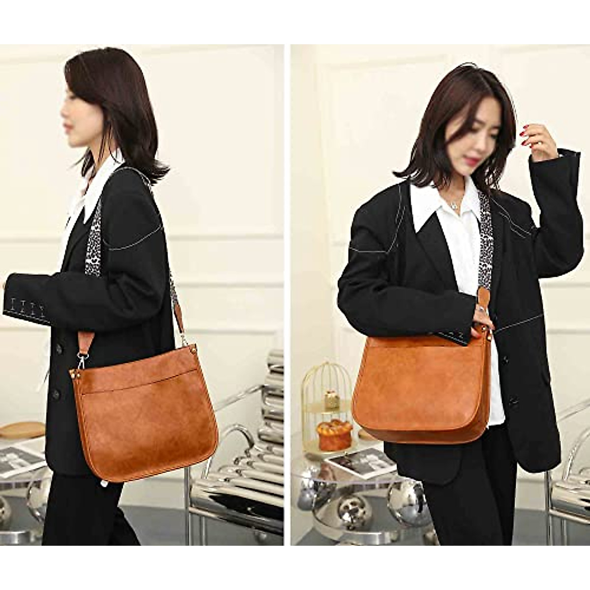 Baolab Leopard Strap Crossbody Shoulder Bag for Women Ladies Causal Satchel Hobo Bag Messenger Bag Vegan PU Leather (Brown)