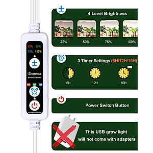 DOMMIA Grow Light, Dimmable Grow Light for Indoor Plants Full Spectrum with Optical Lens, Sunlike Under Cabinet Grow Light with 6/12/16H Timer, USB LED Plant Light for Indoor Growing (No Adapters)