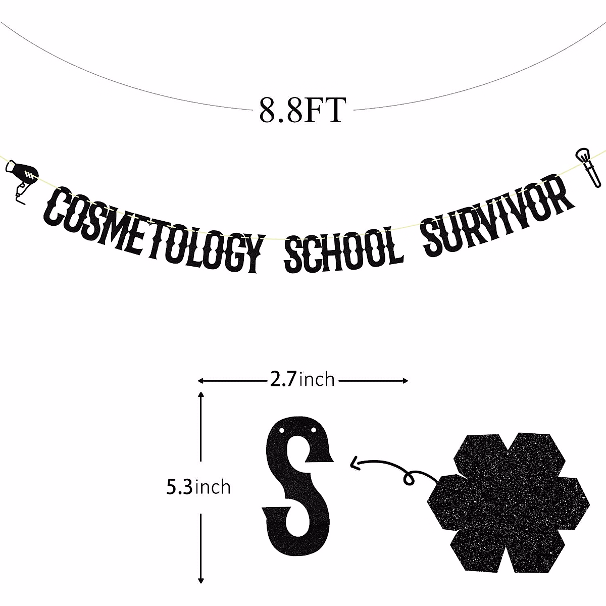 Glitter Black Cosmetology School Survivor Banner, Class Of 2024 Grad Cap Cake Supplies,Congratulations Finally Done 2024 Graduate Party Decoration