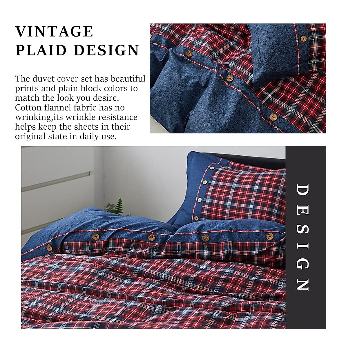Simple&Opulence 100% Cotton Buffalo Check Plaid Printed Duvet Cover Set, 3 Pieces Bedding Set Including 1 Comforter Cover and 2 Pillow Shams, Soft and Comfortable (King,Red)