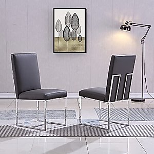 AZhome Dining Chairs, Grey PU Leather Upholstered Dining Room Chairs with Silver Stainless Steel Legs, Set of 2
