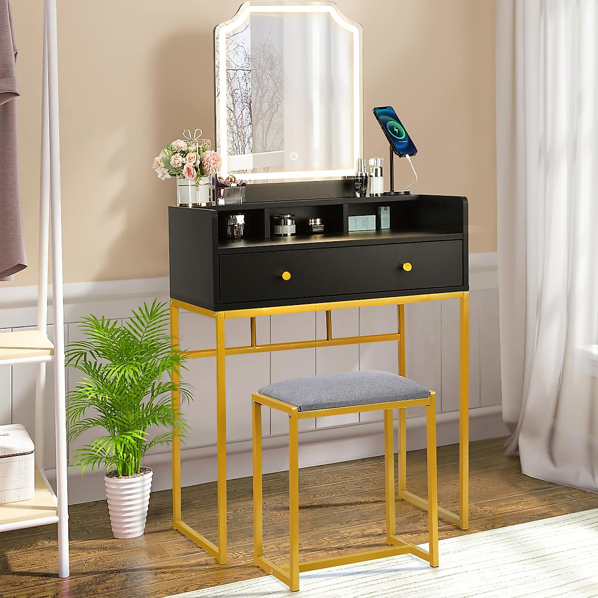 VOWNER Makeup Vanity Desk with Lighted Mirror, 3 Color Dimmable Vanity Table Set for Bedroom with Power Outlet, Drawer & Cushioned Stool, Black, VOWNER-172