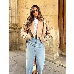 Faleave Womens Cropped Jacket Long Sleeve Belted Trench Coat Solid Color(Khaki-M)