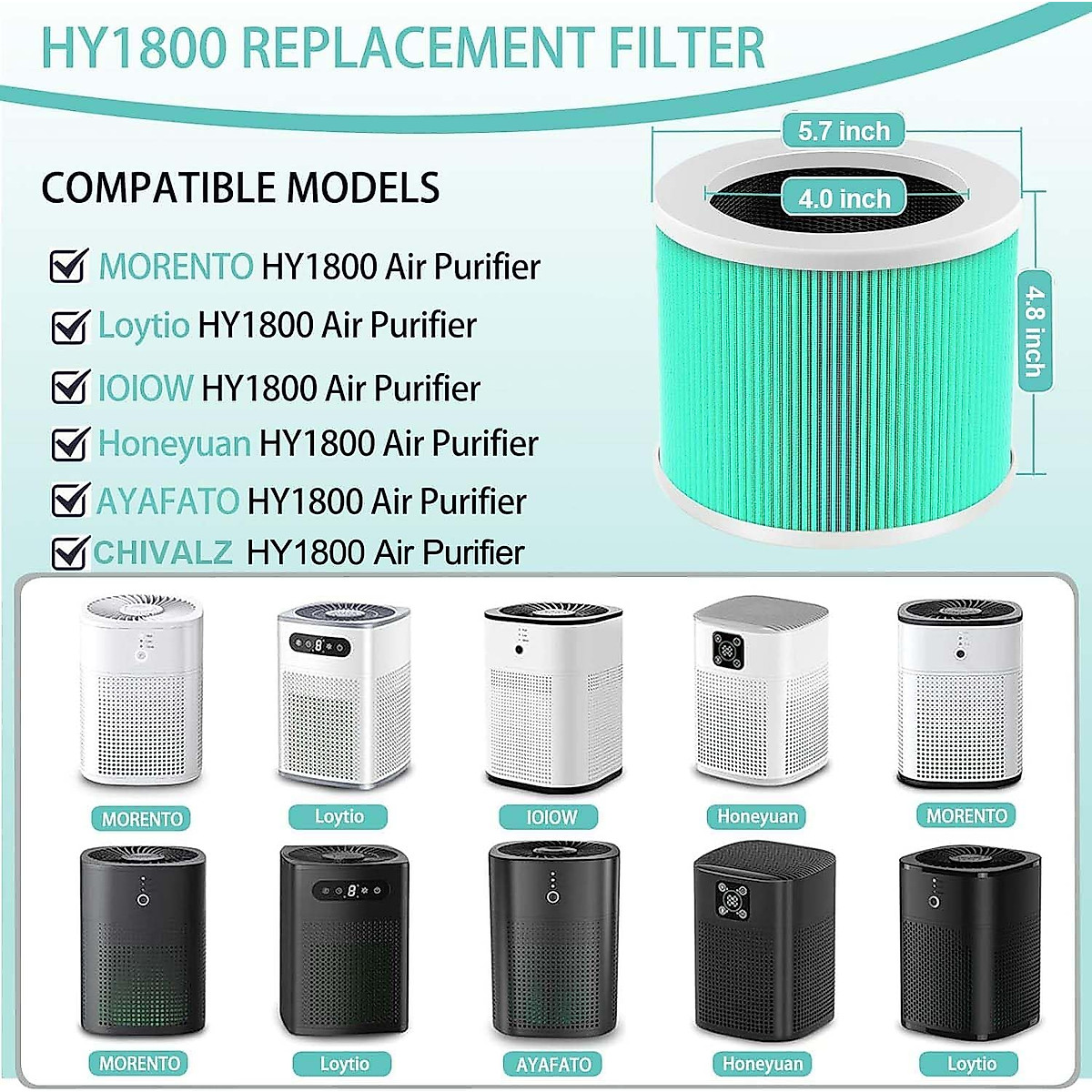HY1800 H13 True HEPA Replacement Filter Compatible with MORENTO/CHIVALZ/Loytio/AYAFATO/Honeyuan/IOIOW HY1800 Air Purifier, 3-in-1 Filtration System HEPA Activated Carbon HY1800 Filter 2 Pack