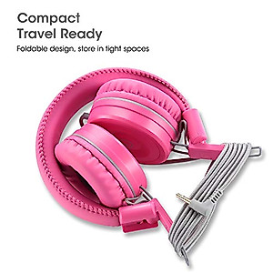 Kids Headphones-noot products K22 Foldable Stereo Tangle-Free 5ft Long Cord 3.5mm Jack Plugin Wired On-Ear Headset for iPad/AmazonKindle,Fire/Girls/Boys/School/Laptop/Travel/Plane/Tablet FlamingoPink